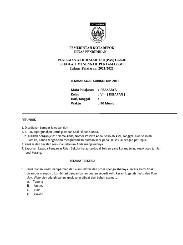 Soal Prakarya Kelas 8 Pas Ganjil | PDF | Griya & Taman