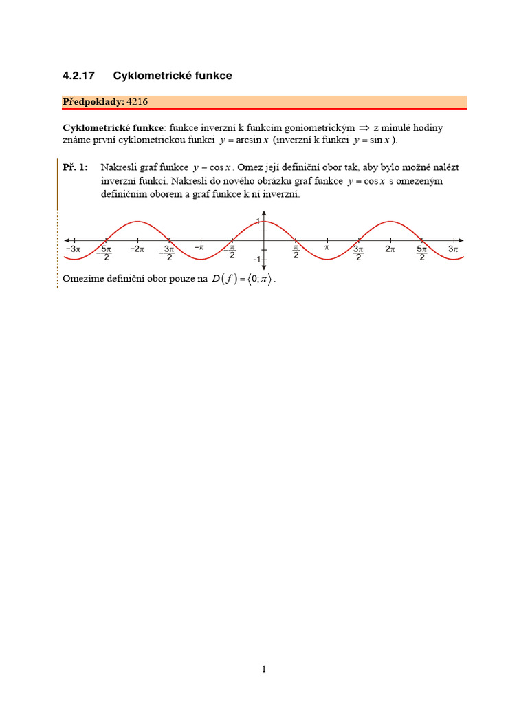 4.2.17 Cyklometrické Funkce: Předpoklady: 4216 Cyklometrické Funkce: Funkce Inverzní K Funkcím ...
