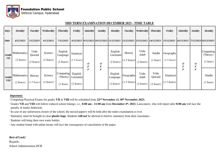 Mid Term Exam Time Table 2023 | PDF