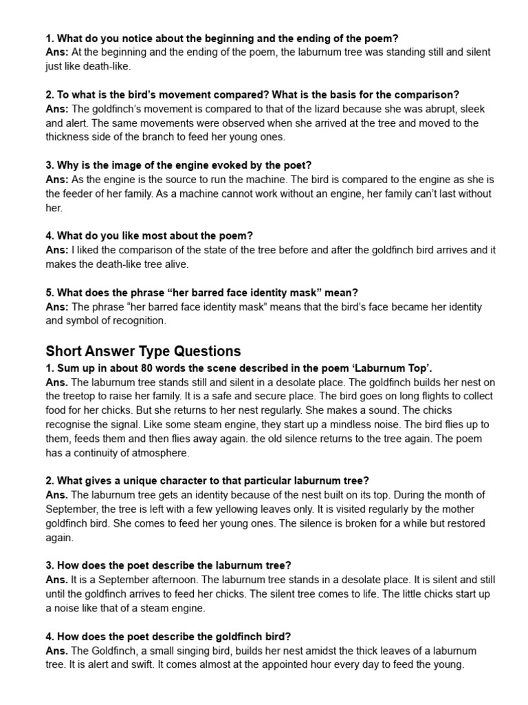 Laburnum Top Poem: Key Questions & Answers | PDF | Poetry