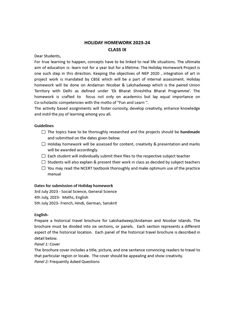 Class IX Holiday Homework 2023-24 | PDF | Homework