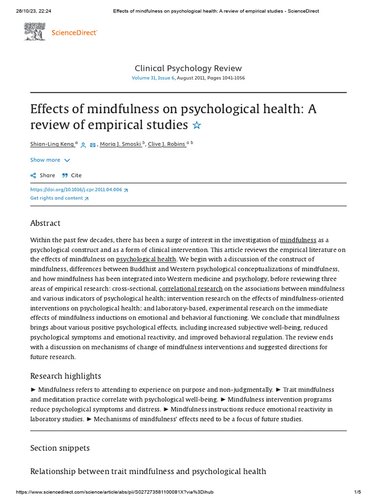 Effects Of Mindfulness On Psychological Health A Review Of Empirical