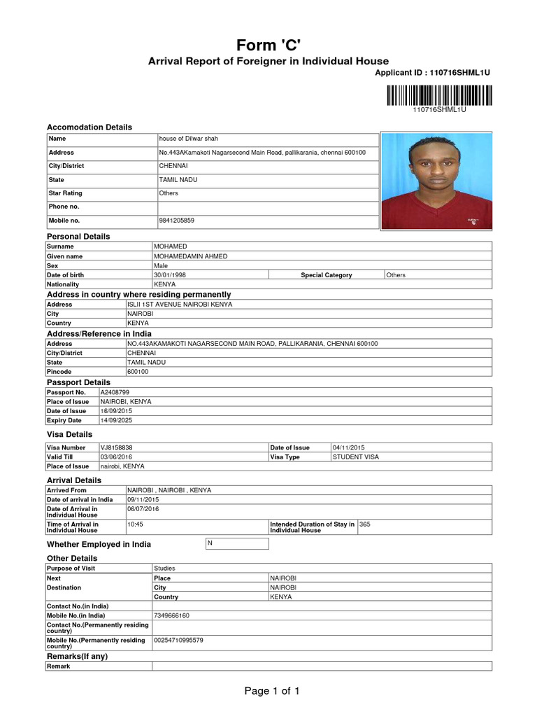 Form C Arrival Report of Foreigner in in | PDF | Travel Visa | Human Migration