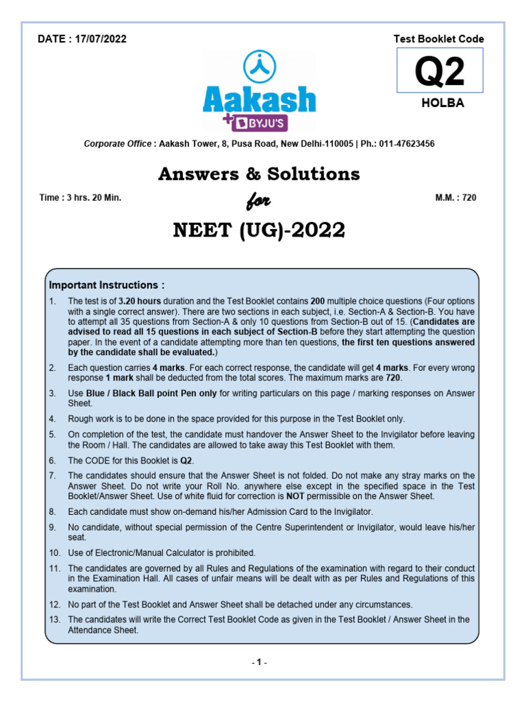 Code Q2 HOLBA Qs Ans Solution NEET 2022 | PDF | Teaching Methods & Materials