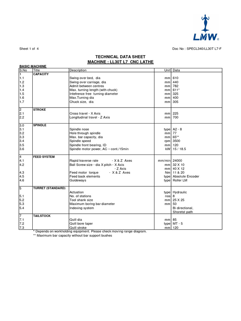 Technical Data Sheet Machine: Ll30T L7 CNC Lathe | PDF | Numerical Control | Manufactured Goods