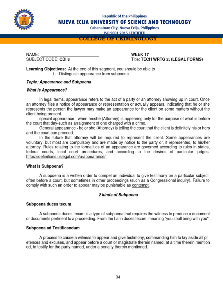 Cdi 8 Module (Week-17) | PDF | Subpoena Duces Tecum | Subpoena