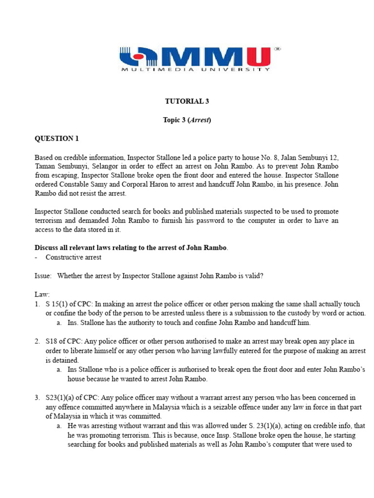 TUTORIAL 3 - With Ans. Copy at Ur Own Risk | PDF | Arrest | Crime & Violence