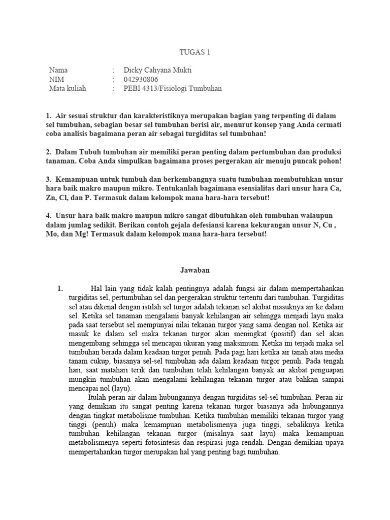 Tugas 1 PEBI 4313 Fisiologi Tumbuhan | PDF | Griya & Taman | Sains & Matematika