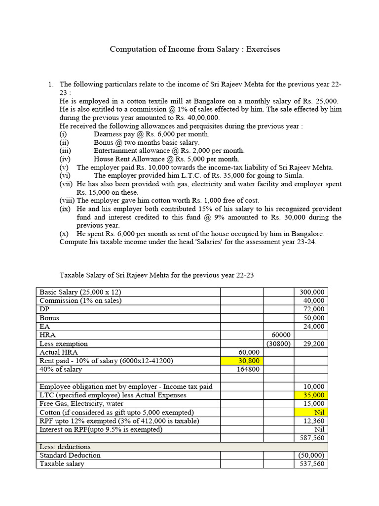 Taxable Salary Problem With Solution Part 1 | PDF | Salary | Expense