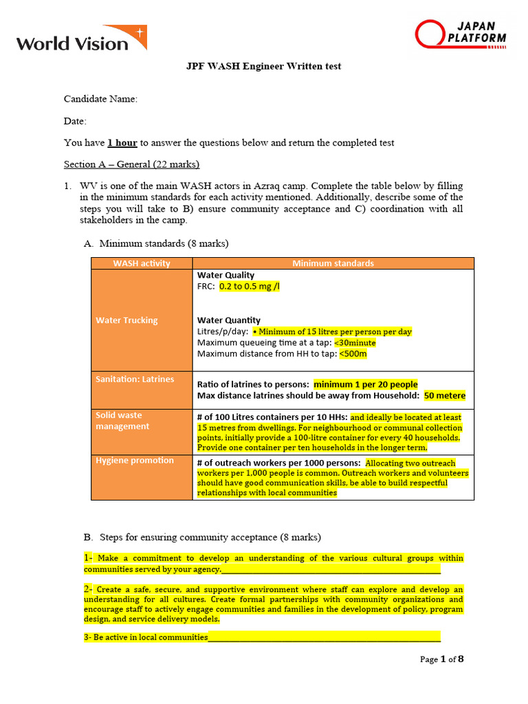 WASH Engineer Written Test Guidelines | PDF | Home & Garden