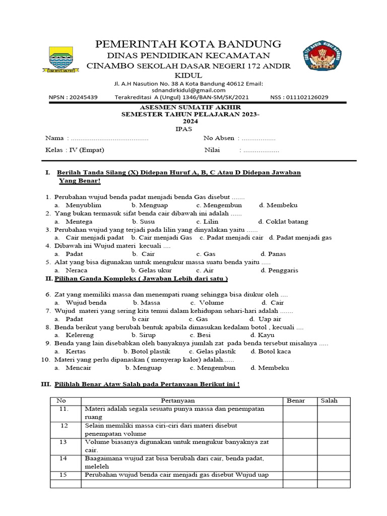 PAS Soal IPAS Kelas 4 | PDF
