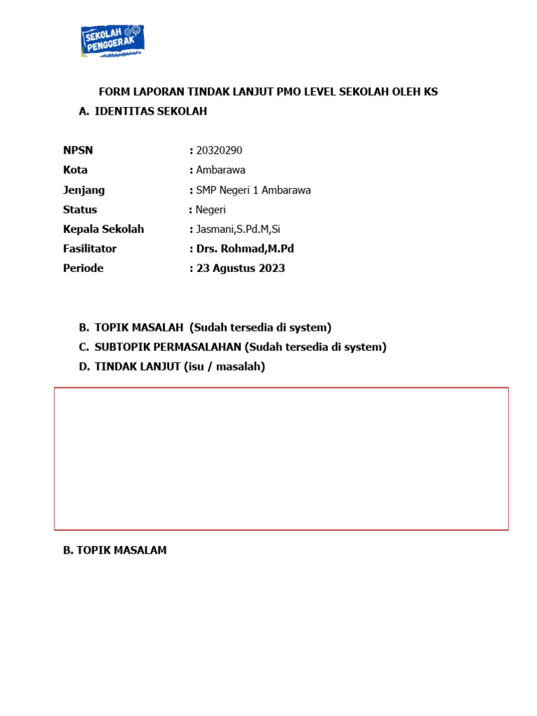 Form Laporan Tindak Lanjut Pmo Level Sekolah Oleh Kepala Sekolah | PDF | Karier & Perkembangan ...