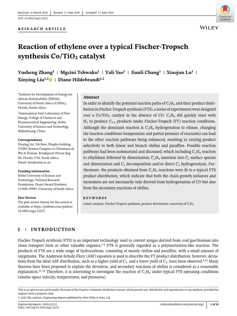 Reaction of Ethylene Over A Typical Fischer-Tropsc | PDF | Chemical ...