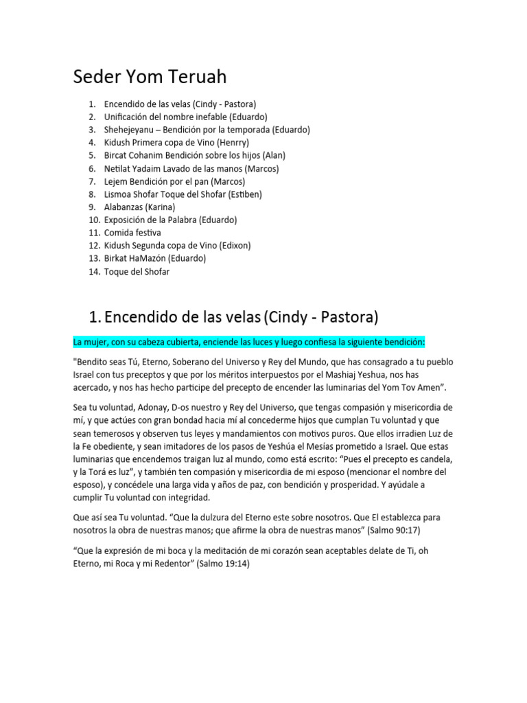 Seder Yom Teruah - 055438 | PDF | Seder de Pascua | Bendición