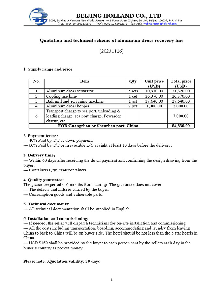Quotation and Scheme of Aluminum Dross Recovery Line-Bjholland-2023.11.16 | PDF | Aluminium | Steel