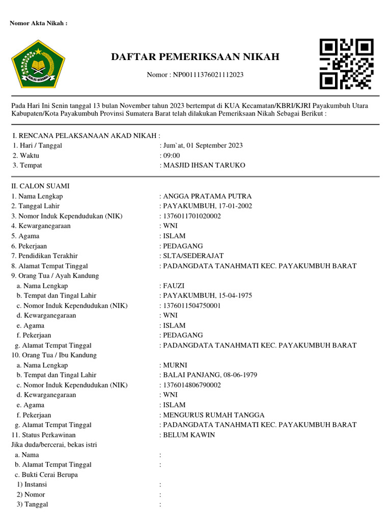 Form Pemeriksaan Nikah | PDF