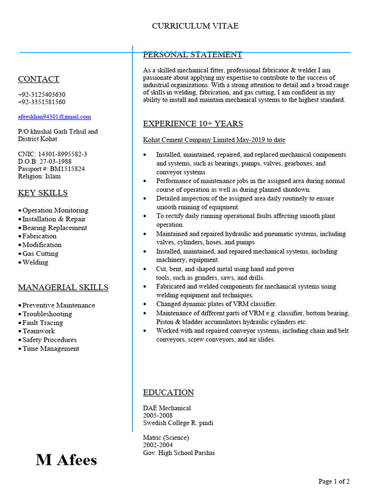 CV FORMAT 2 | PDF | Metal Fabrication | Manufactured Goods