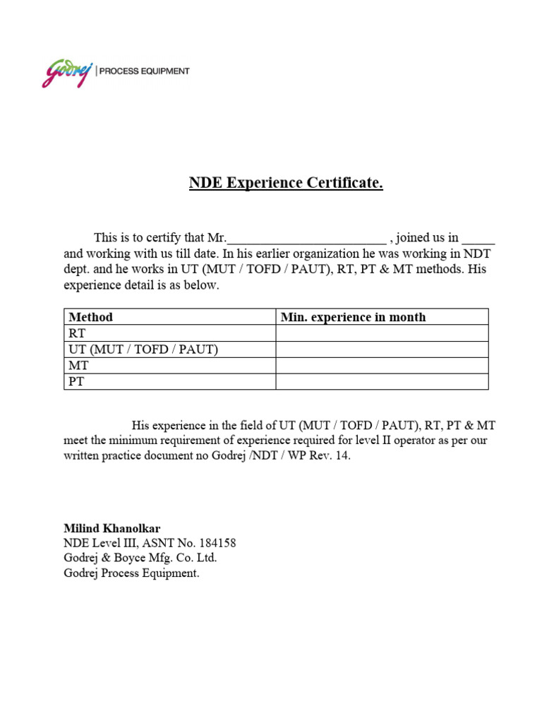 NDE Experience Certificate Blank Format | PDF
