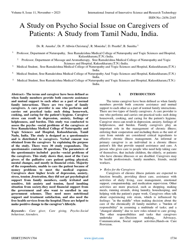 A Study On Psycho Social Issue On Caregivers of Patients: A Study From Tamil Nadu, India. | PDF ...