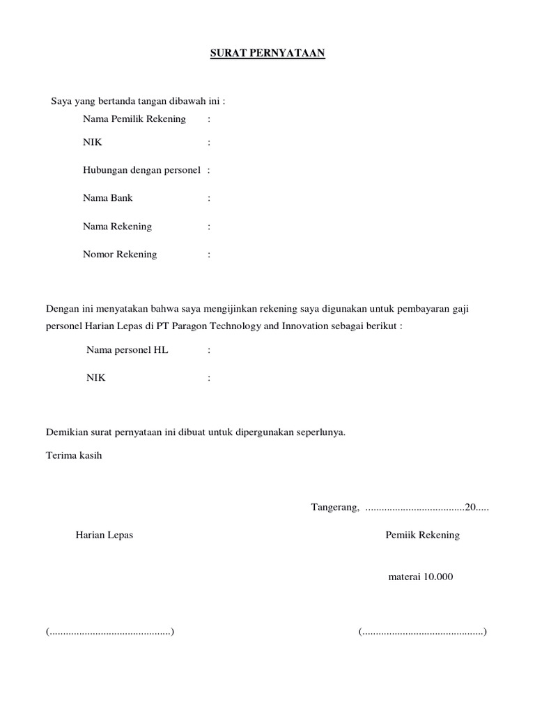 Surat Pernyataan Penggunaan Rekening | PDF