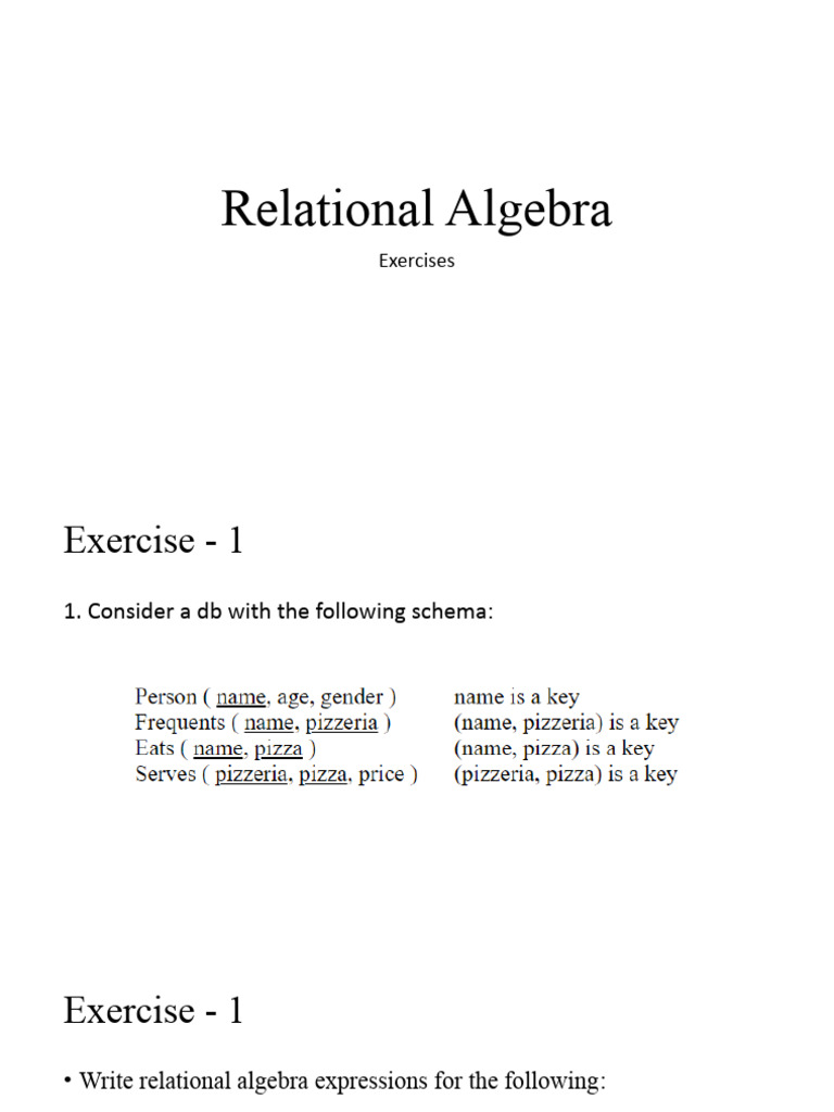 Relational Algebra Exercises Guide | PDF | Teaching Methods & Materials
