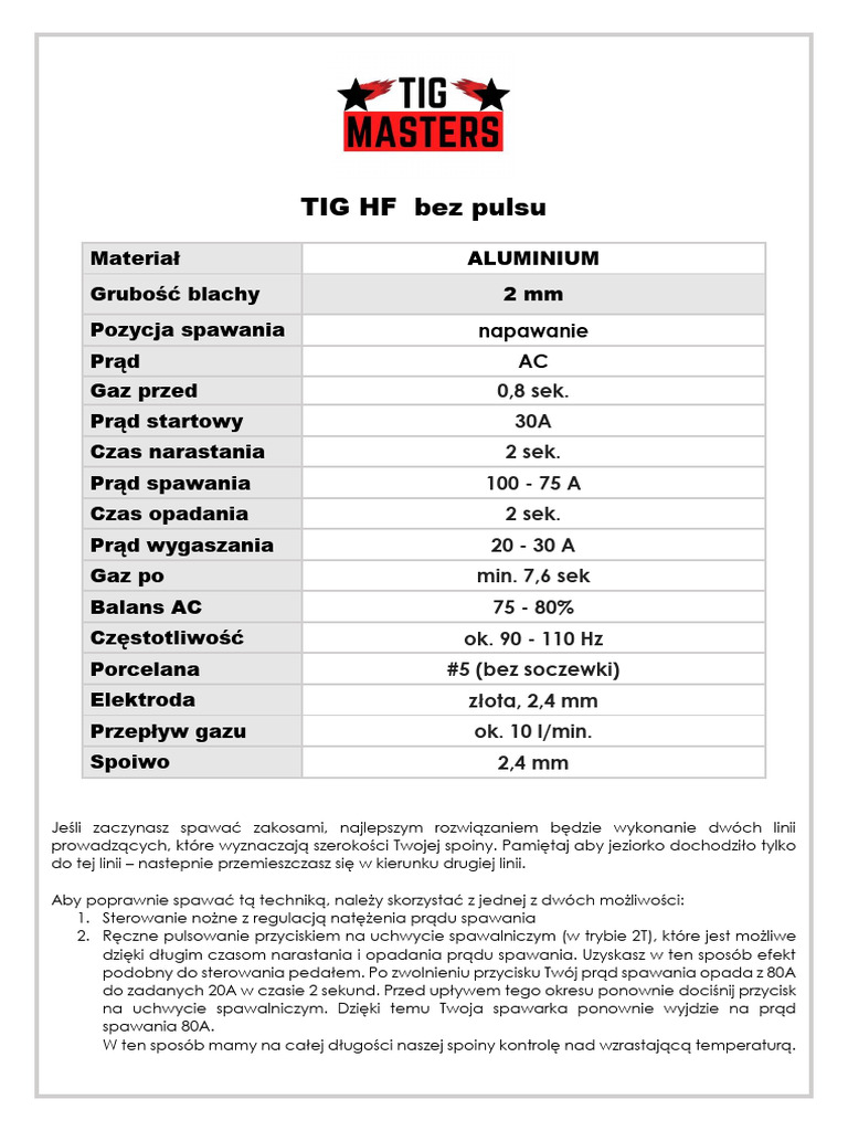 TIG MASTERS Parametry Spawania Zakosami | PDF