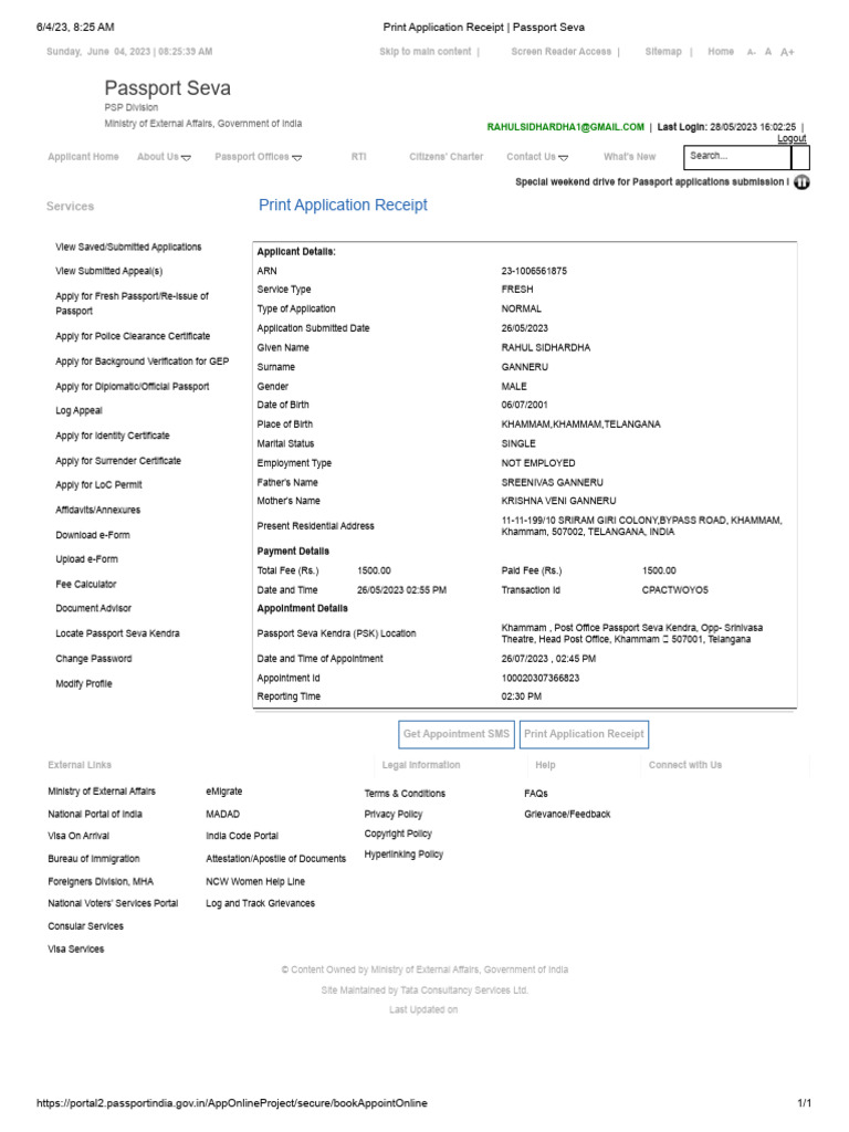 Print Application Receipt - Passport Seva | Download Free PDF ...