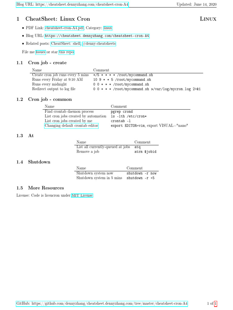 Linux Cron Job Cheat Sheet | PDF | Computers | Technology & Engineering