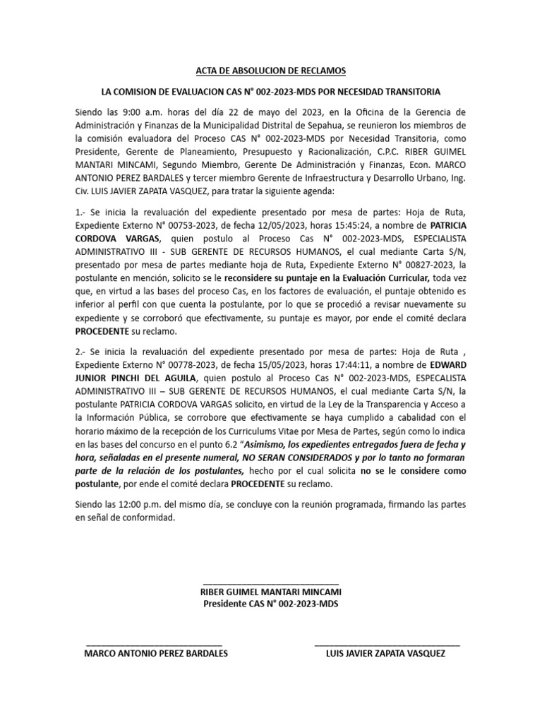 Acta de Absolucion de Reclamos | PDF | Gobierno