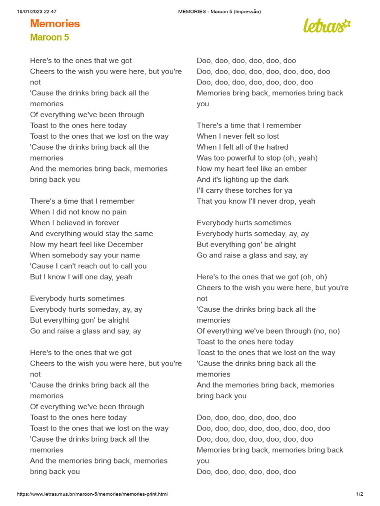 MEMORIES - Maroon 5 (Impressão) | PDF