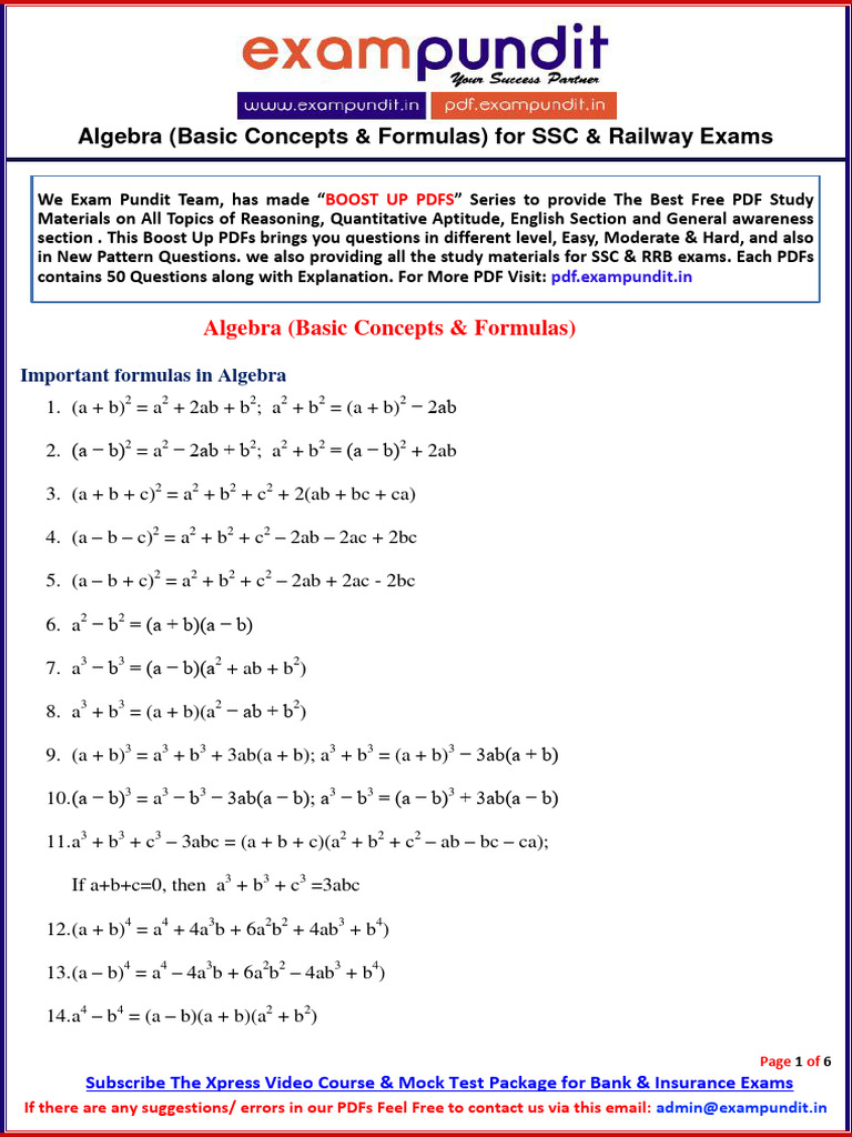 Algebra Basic Concepts Formulas For SSC Railway Exams | PDF ...