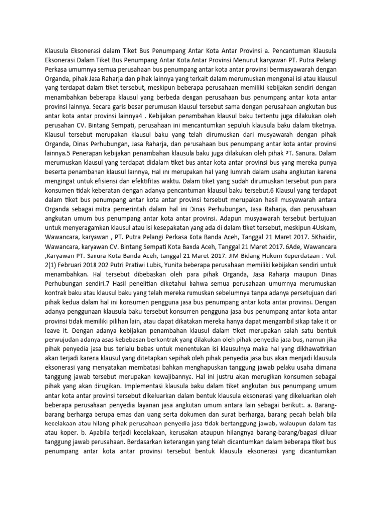 Klausula Eksonerasi Dalam Tiket Bus Penumpang Antar Kota Antar Provinsi ...