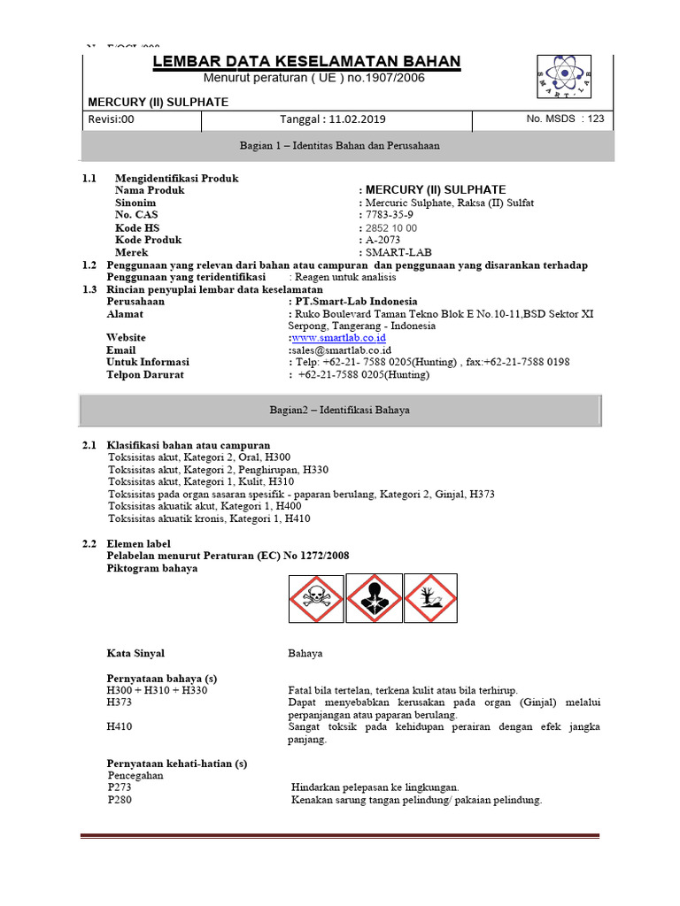 MSDS Mercury (Ii) Sulphate (Indo) | PDF