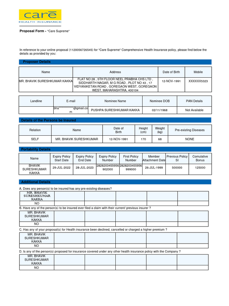 Proposal Form - : Mr. Bhavik Sureshkumar Kakka | PDF | Insurance ...