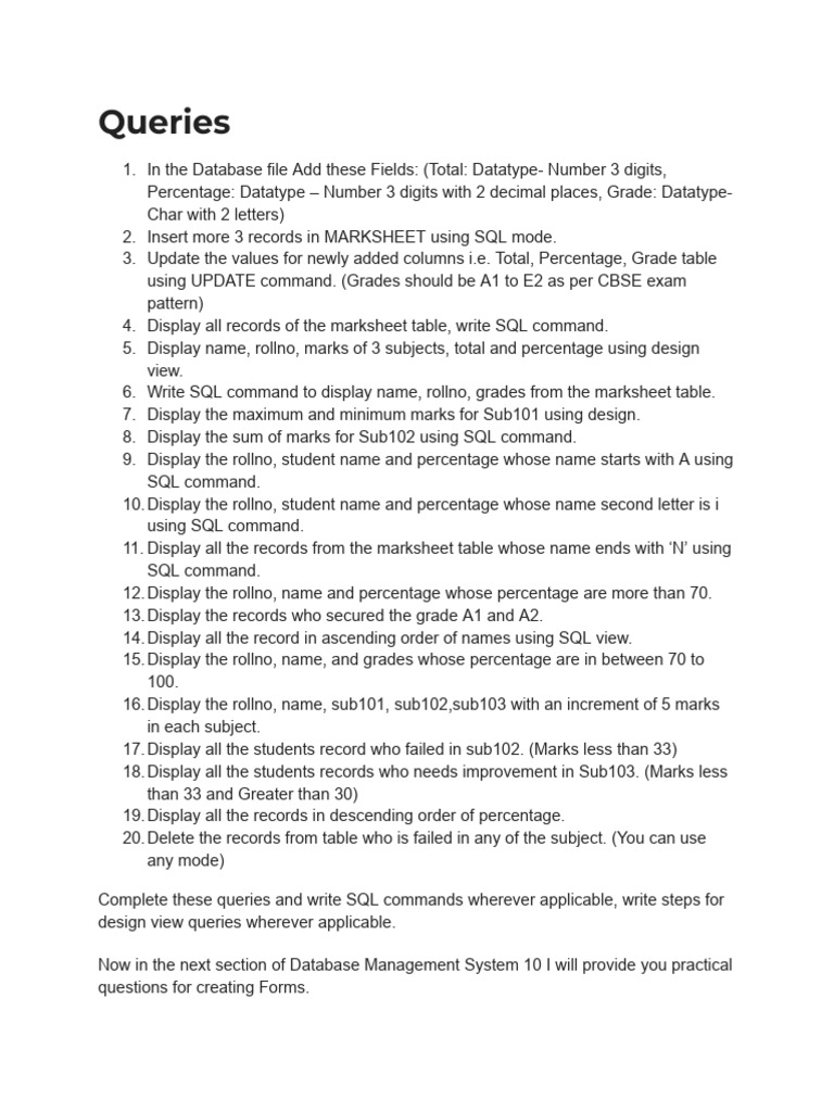 Queries Practical10th | Download Free PDF | Sql | Table (Database)