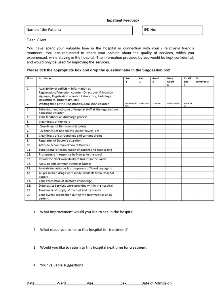 IPD Feedbac Form | PDF | Patient | Hospital