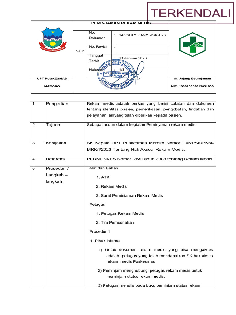 Sop Peminjaman Rekam Medis | PDF | Sains & Matematika | Hukum
