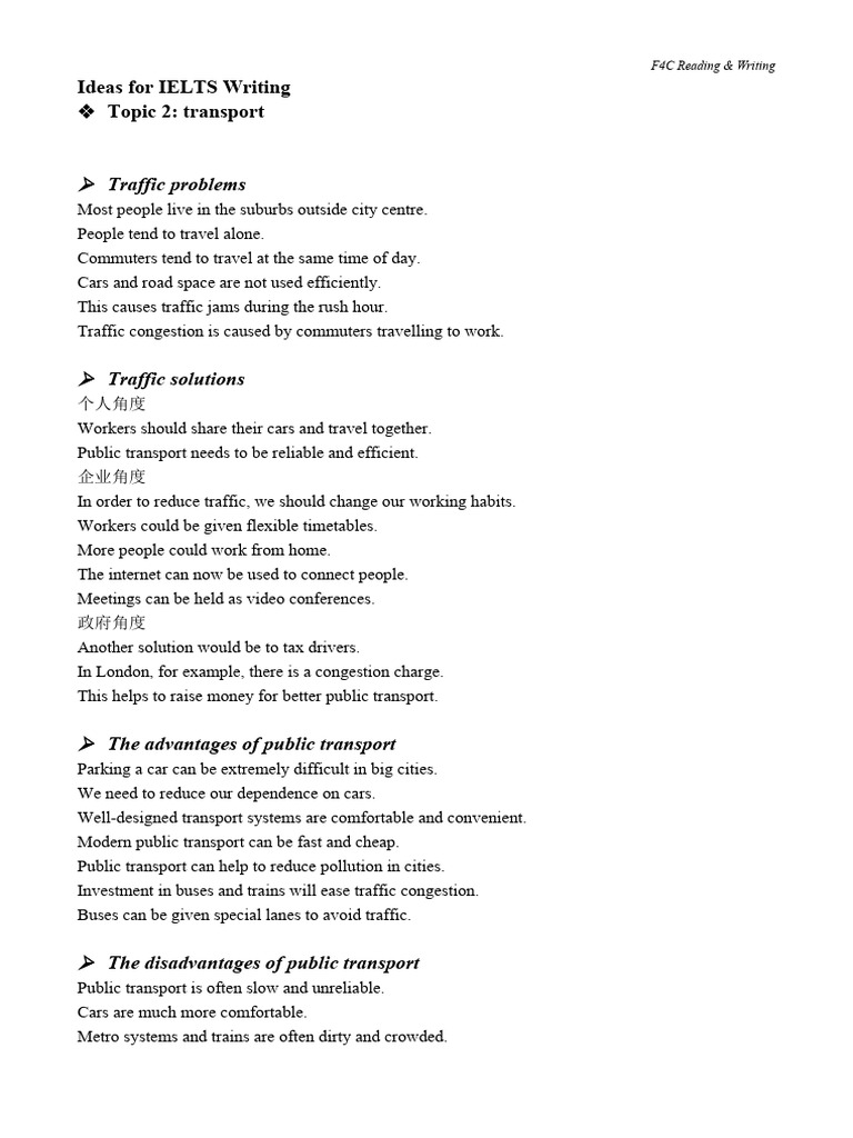 Ideas For IELTS Writing 2 - Transport | PDF | Traffic | Public Transport
