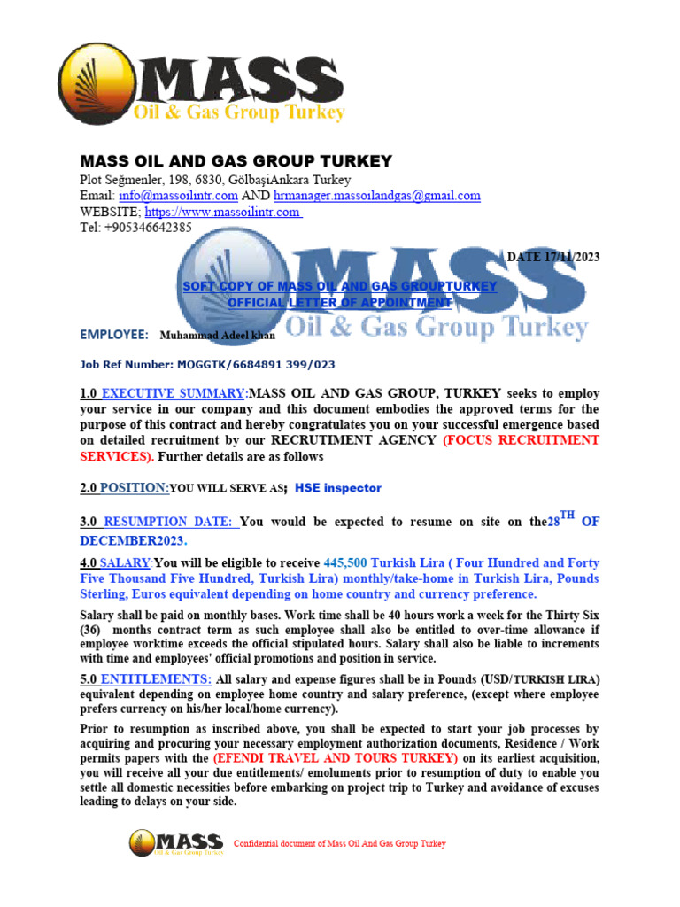 Offer Letter Mass Oil and Gas Group Turkey | PDF | Employment | Salary