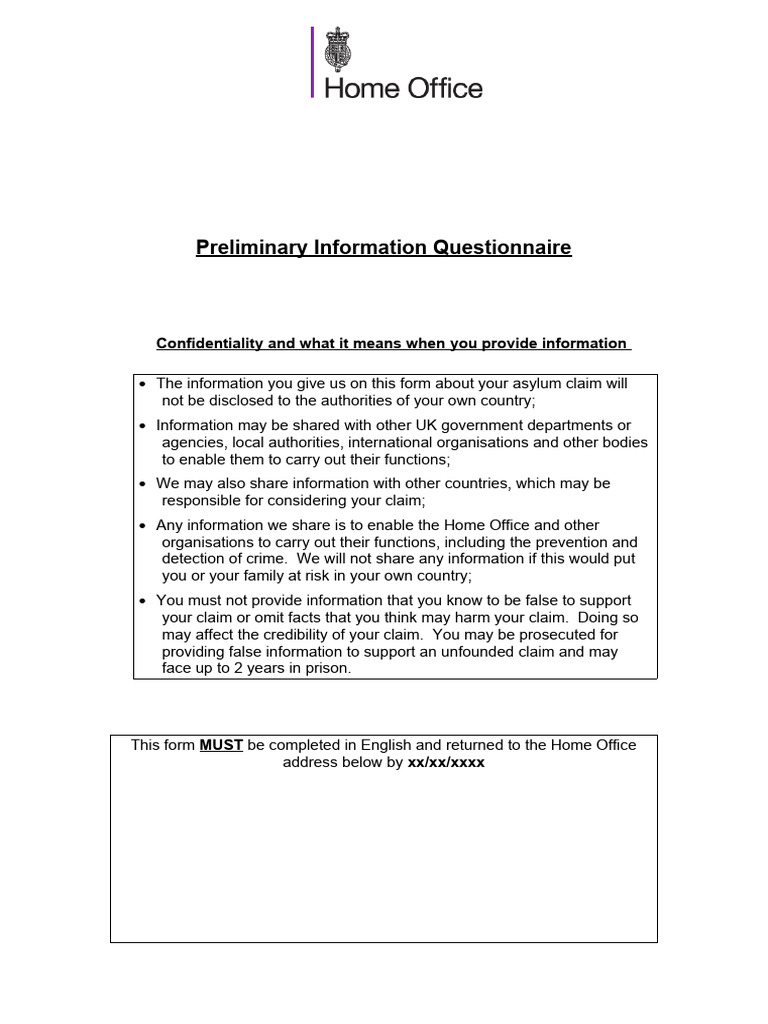 Asylum Claim Preliminary Questionnaire | PDF | Refugee | Asylum Seeker