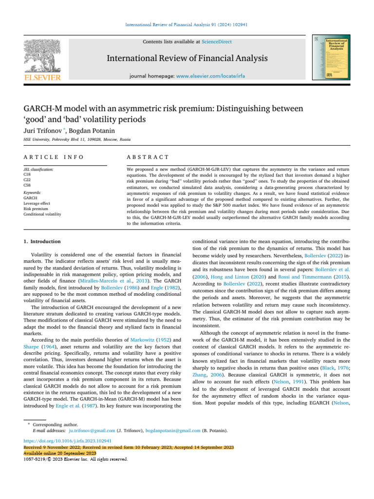 Garch M Model Pdf Estimator Volatility Finance