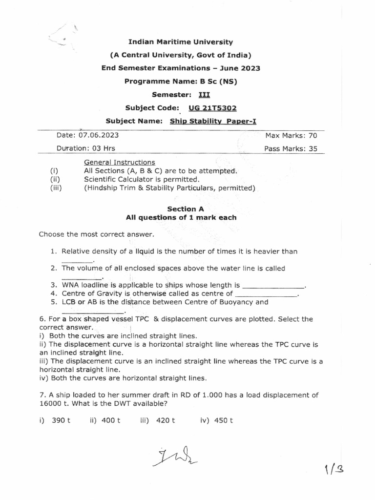 UG21T5302 Ship Stability Paper-I | PDF | Mechanical Engineering | Water ...
