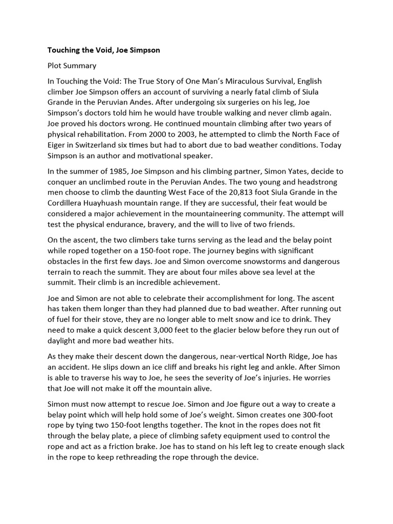 Touching The Void Summary | PDF | Mountaineering | Mountains