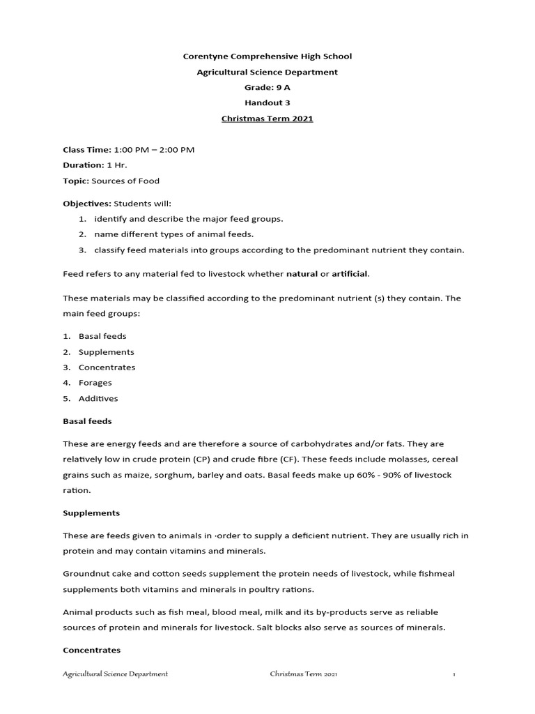 AGRI SCIENCE Grade 9 Sources of Food | PDF | Fodder | Foods