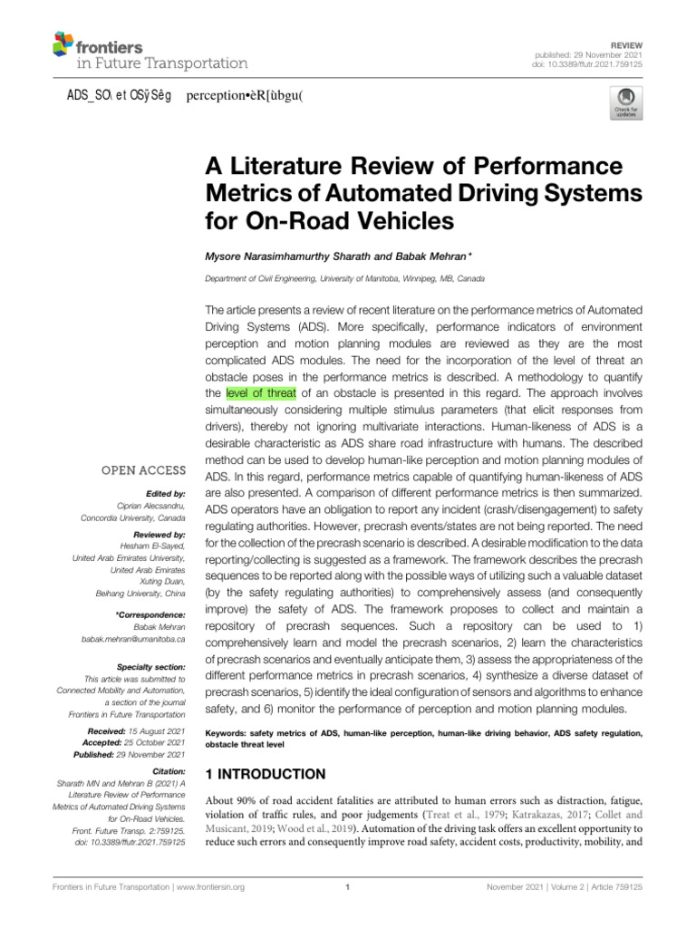 A Literature Review of Performance Metrics of Automated Driving Systems For On-Road Vehicles ...