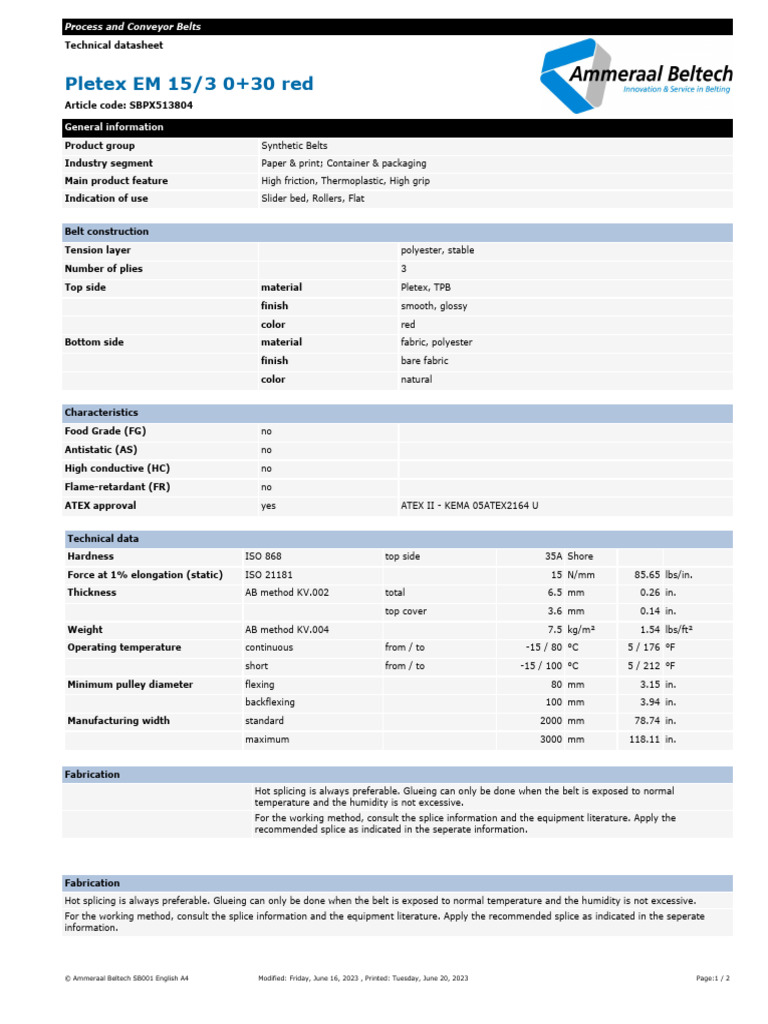 Datasheet SBPX513804 en US | PDF | Belt (Mechanical) | Industrial Processes