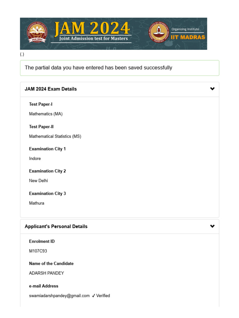 JAM 2024 - View Saved Application Form | PDF