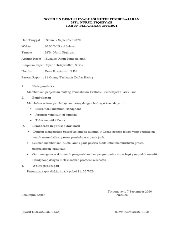 Notulen Diskusi Evaluasi Rutin Pembelajaran | PDF