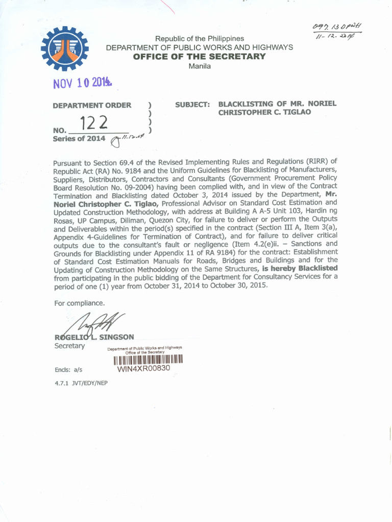 Department Order) Subject: Blackusting of Mr. Noriel Christopher C ...