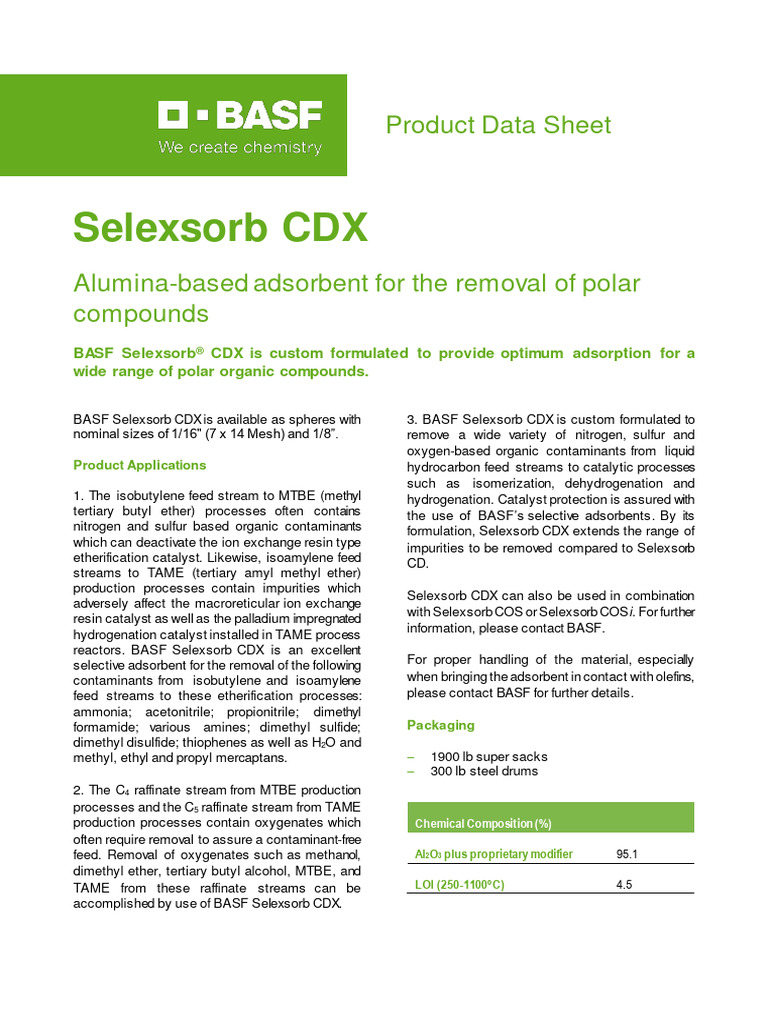 BF-8573 US Selexsorb-CDX PDS Rev 2018-08 N GAK | PDF | Adsorption | Hydrogenation